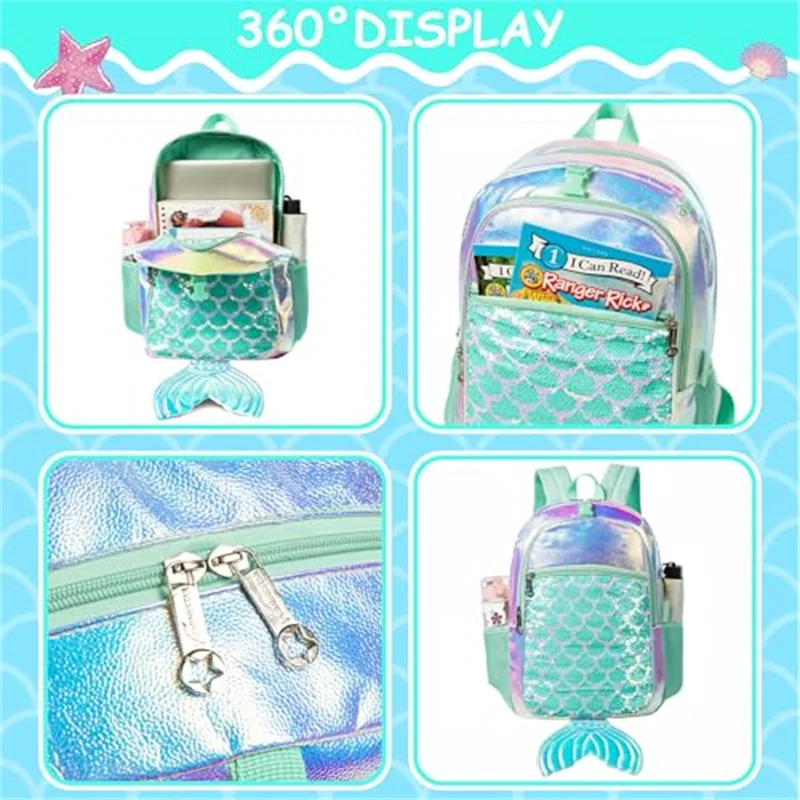 3PCS Backpacks for Girls Cute Mermaid Tail Schoolbag for School Sequin ...