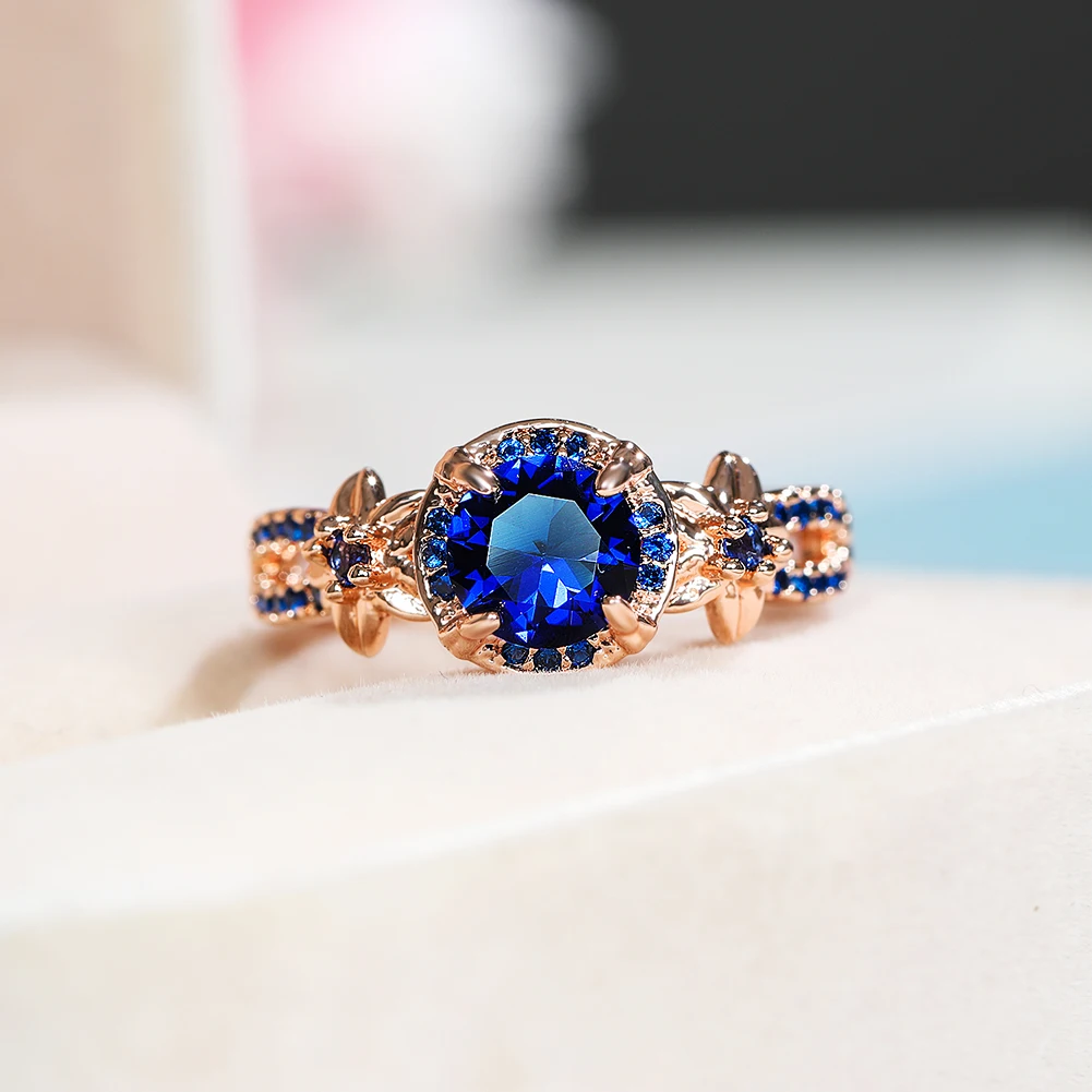 Charm-Star-Flower-Ring-Silver-Rose-Gold-Color-Royal-Blue-Stone-Round ...
