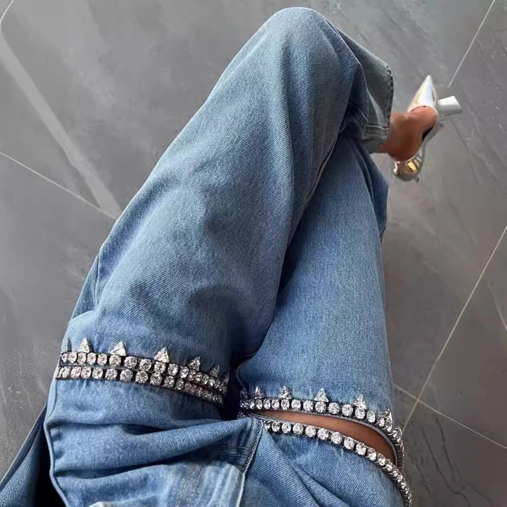 New Hollowed out Diamond Studded Straight Leg Jeans High Waist Long ...