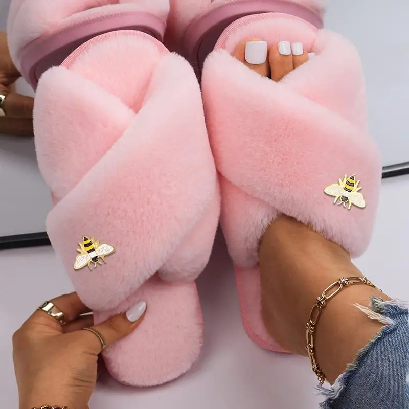 Faux Fur Home Slippers Fluffy Women Slides Alloy Enamel Drip Oil Insect ...