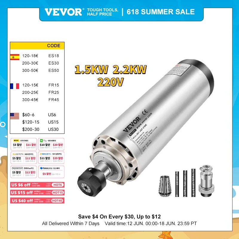 VEVOR 1.5KW 2.2KW 220V Air Cooled Spindle Motor with Four Bearings ER11 ...