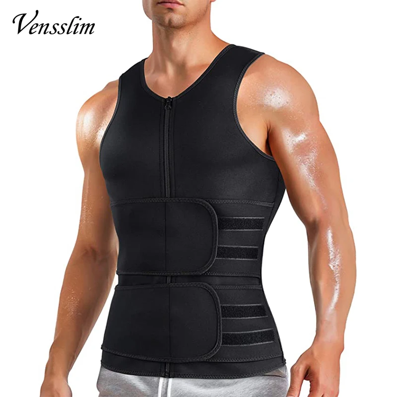 Men Body Shaper Vest Waist Trainer Double Belt Sweat Compression Shirt ...