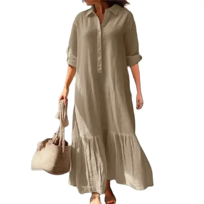 Women-Simple-Style-Solid-Color-Cotton-Linen-Dresses-Lapel-Single ...