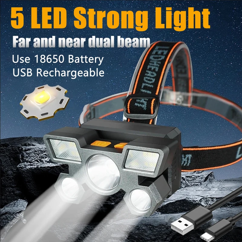 New-5LED-Headlamp-Portable-USB-Rechargeable-Headlight-Built-in-18650 ...