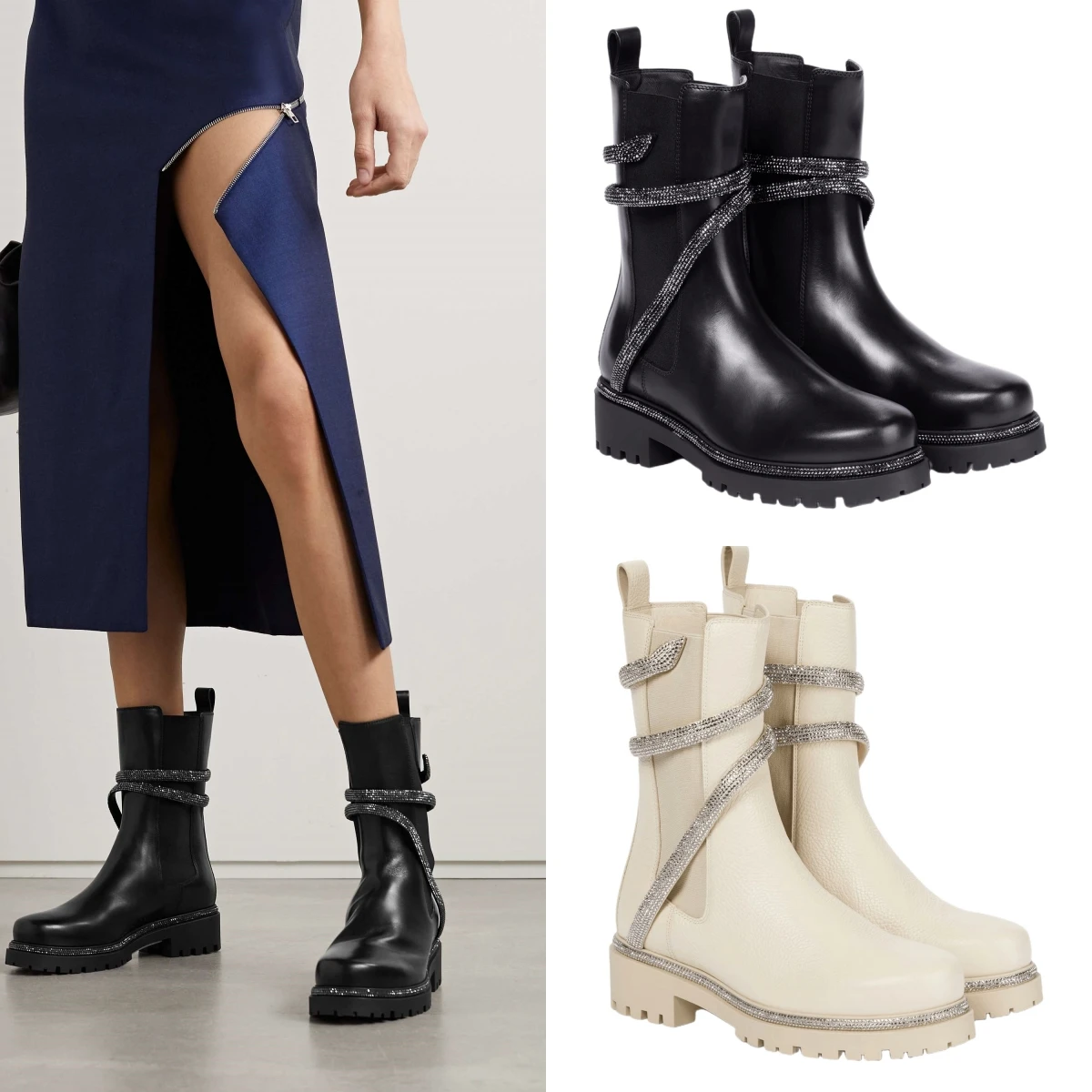 Chelsea-Boots-Snake-Rhinestone-Winding-Black-Beige-Cleo-Platform-Round ...