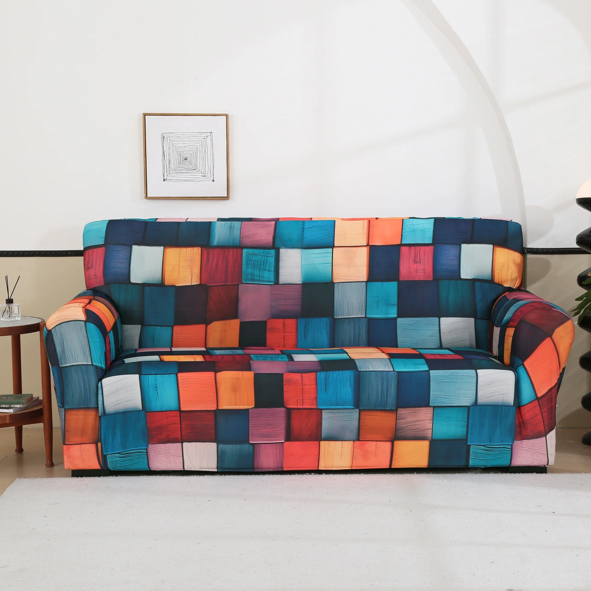 Multi-Color Square Stretch Sofa Cover, Home Decor Protective Slipcover ...