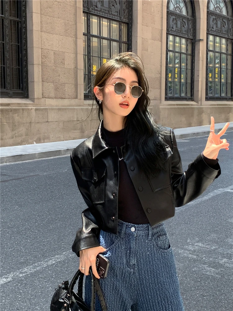 2023-Autumn-Winter-New-Black-Short-Leather-Jackets-For-Women-American ...