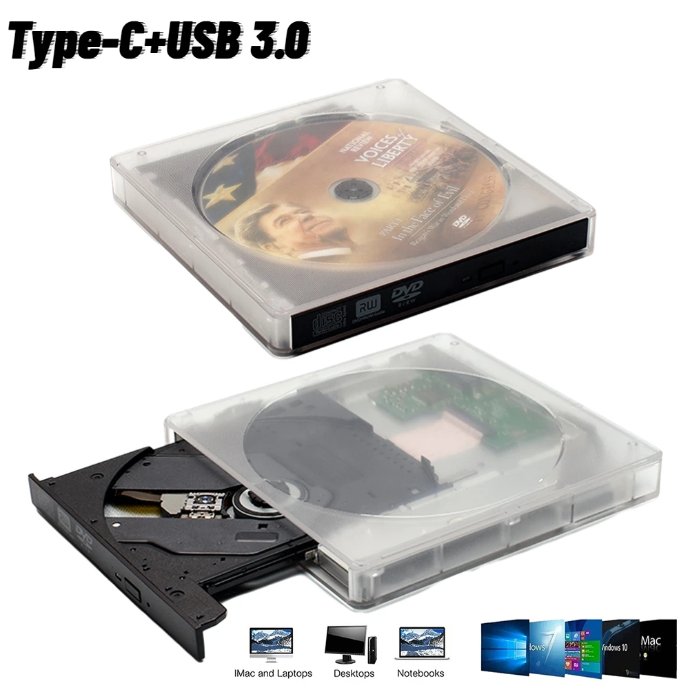 Transparent External Drive USB 3.0/Type C External DVD RW CD Writer ...