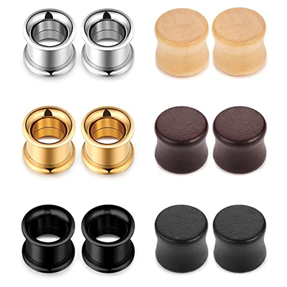 Stainless-Steel-Double-Flared-Tunnels-Wood-Plug-Ear-Gauges-Earrings ...
