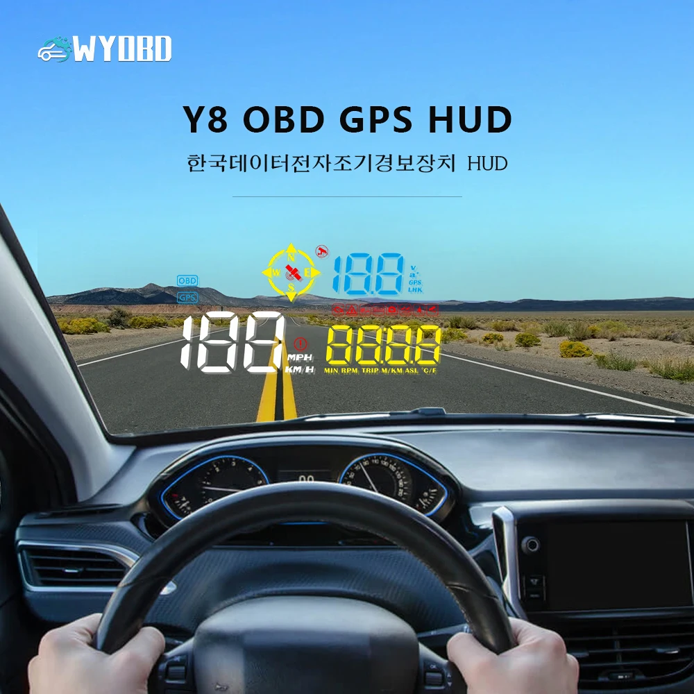 WYOBD-Y8 헤드 업 디스플레이 자동차 앞 유리 속도계, 수온 전압 OBD2 GPS HUD 전자 개 - 티몬