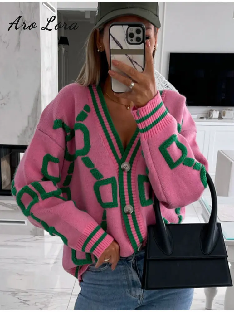 Aro Lora Women Knitted Cardigan V Neck Sweater Coat Pink Striped Button Aro Lora Women Knitted Cardigan V Neck Sweater Coat Pink Striped Button