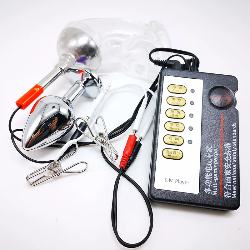 BDSM-Chastity-Cage-Electric-combination-Nipple-clip-anal-plug-Cock-Ring ...