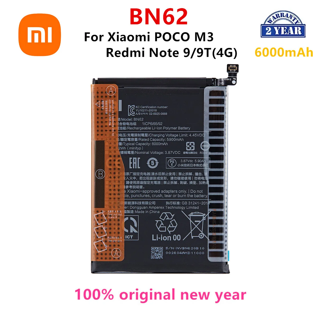 Xiaomi-bater-a-original-mi-100-BN62-6000mAh-para-POCO-M3-Redmi-Note-9 ...