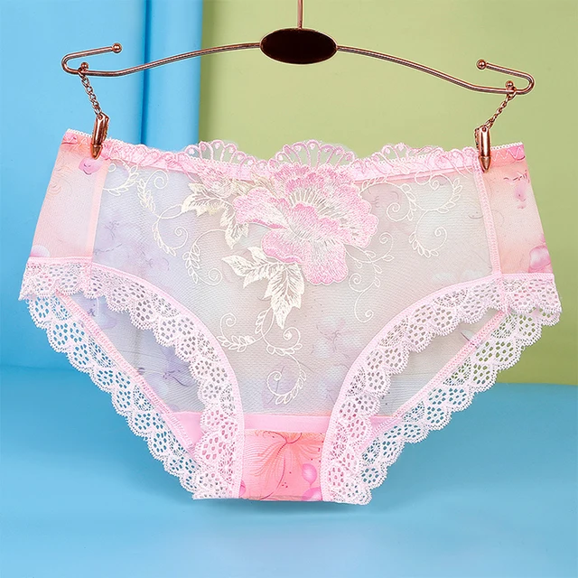 Culotte en dentelle transparente sans couture pour femme, sous-vêtement sexy, broderie de fleurs ...