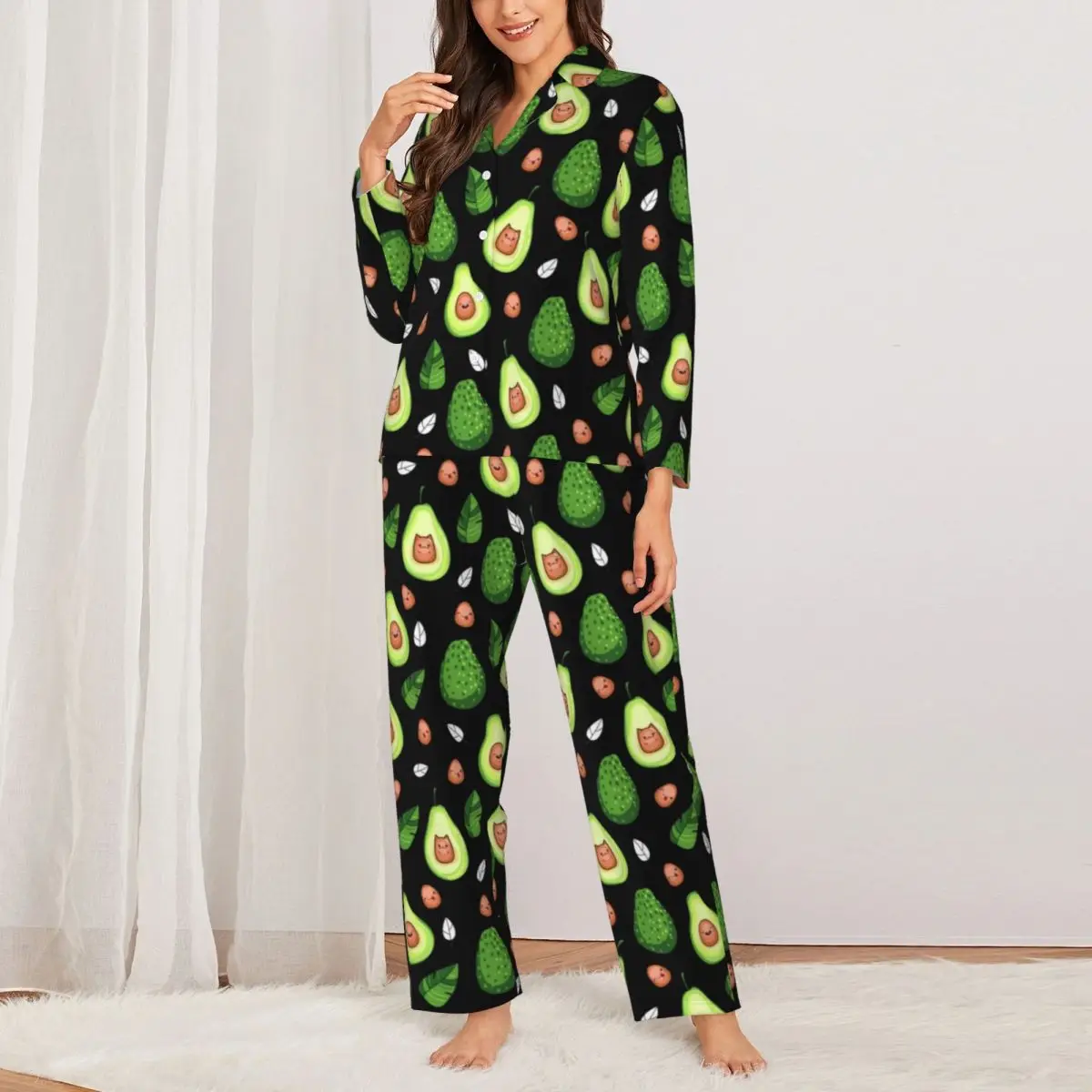 Kawaii-Avocado-Pajama-Set-Autumn-Green-Fruit-Print-Night-Sleepwear ...