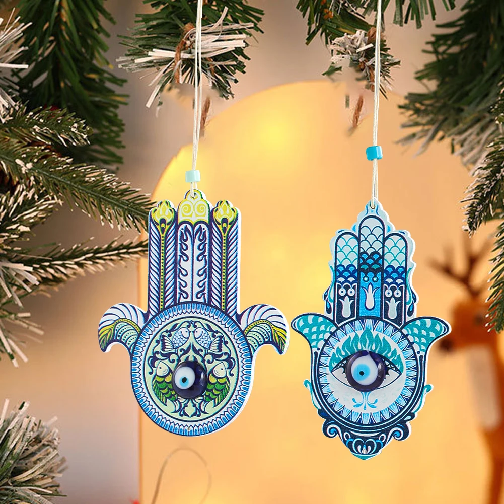 Hamsa Hand Wall Hanging Decor Wood Fatima Blue Evil Eye Protection ...