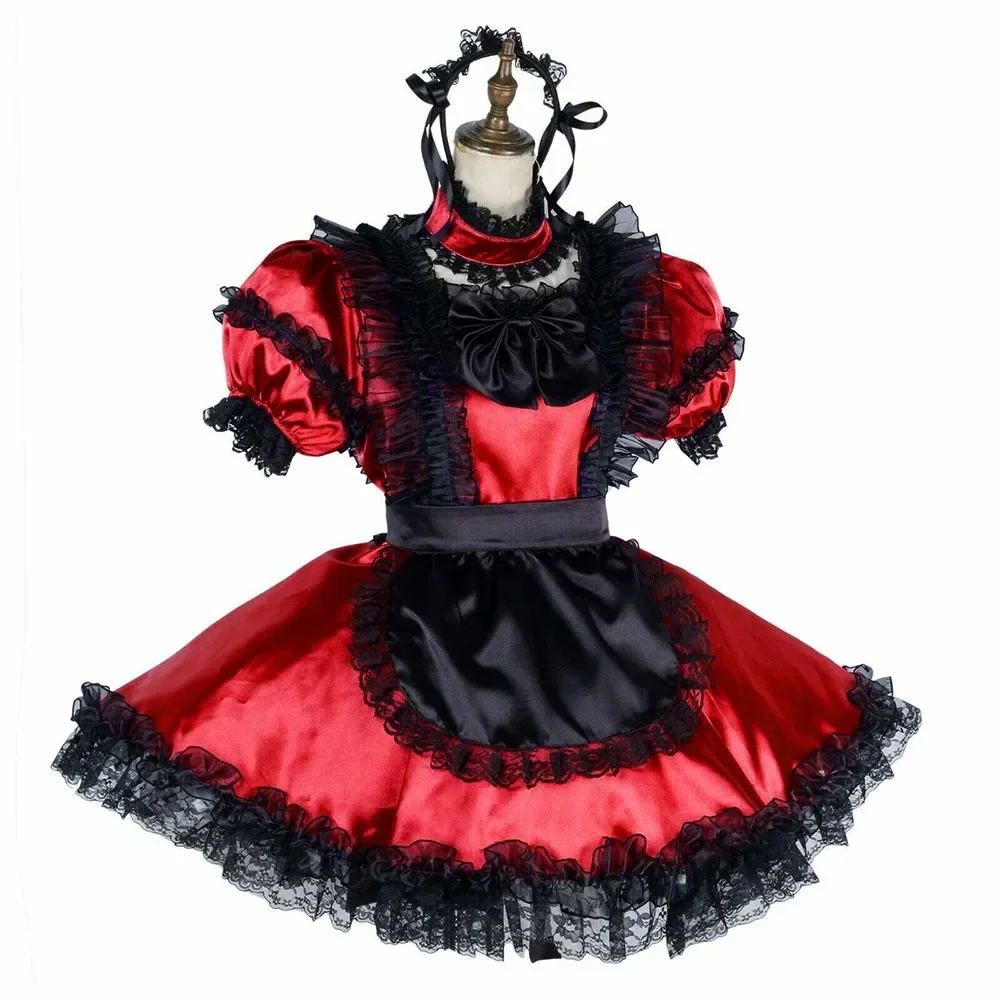 French-Black-Lace-Trim-Maid-Uniforms-with-Apron-High-Neck-Puff-Short ...