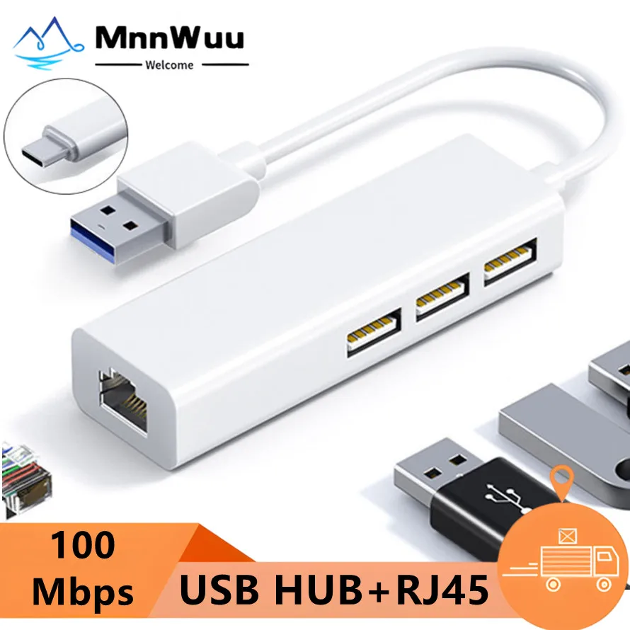 USB-HUB, 3 Anschlüsse, USB-C-HUB mit RJ45-Anschluss, 100 Mbit/s ...