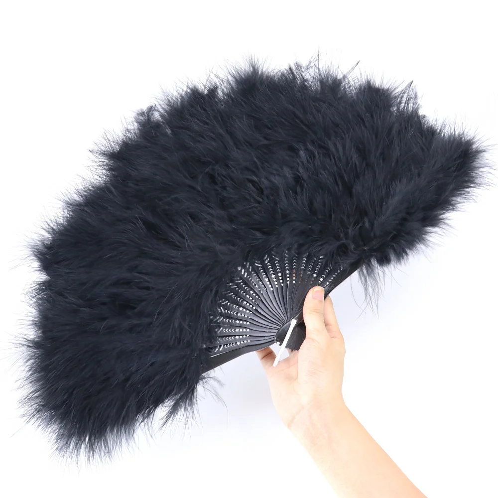 1 Pcs Black Fluffy Turkey Feather Fan Elegant Folding Fan for Wedding ...