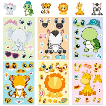 6Sheets Cute Children DIY Puzzle Sticker Games 6 Animals Make A Face ...