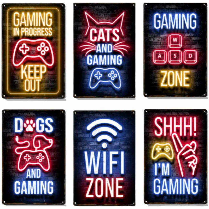 Gamepad-Metal-Poster-Neon-Light-Glow-Lettering-Decorative-Tin-Sign-Game ...