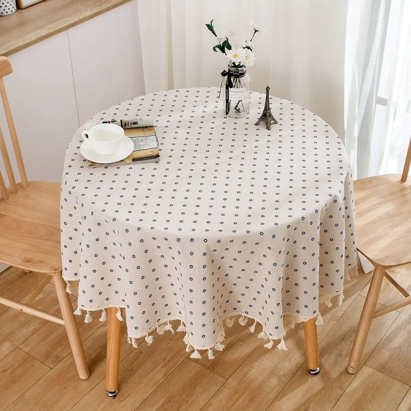 Cotton Linen Table Cloth Round Tablecloth with Tassel Dust-Proof Floret ...