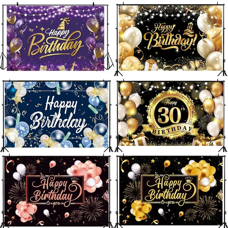 Birthday Backdrop Banner Large Black Gold Balloon Star Poster Booth ...
