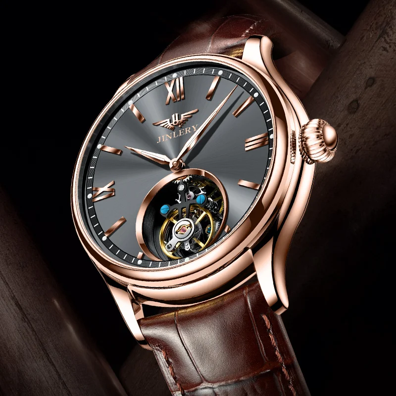 JINLERY Real Tourbillon Mechanical Watch for Men Waterproof Wristwatch ...
