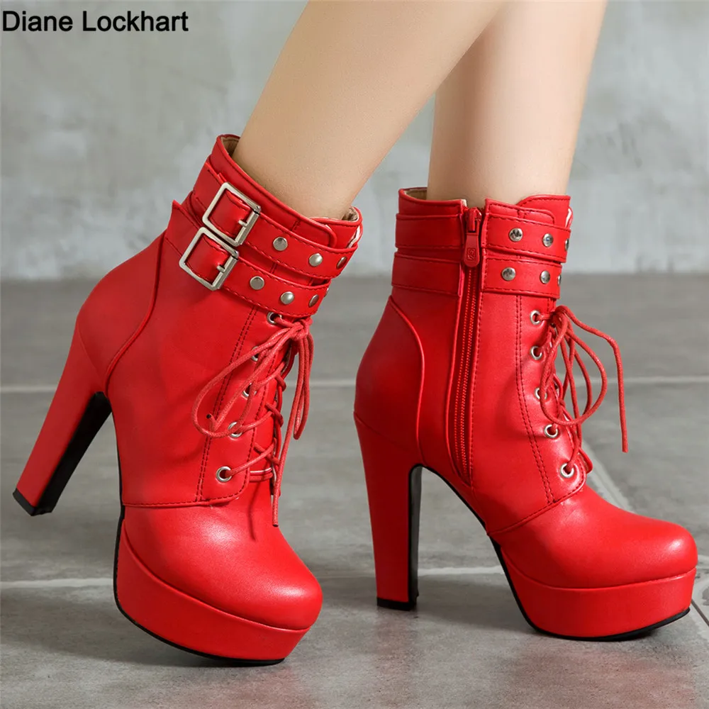 Botines-de-mujer-con-plataforma-y-cordones-tacones-altos-bota-corta-con ...