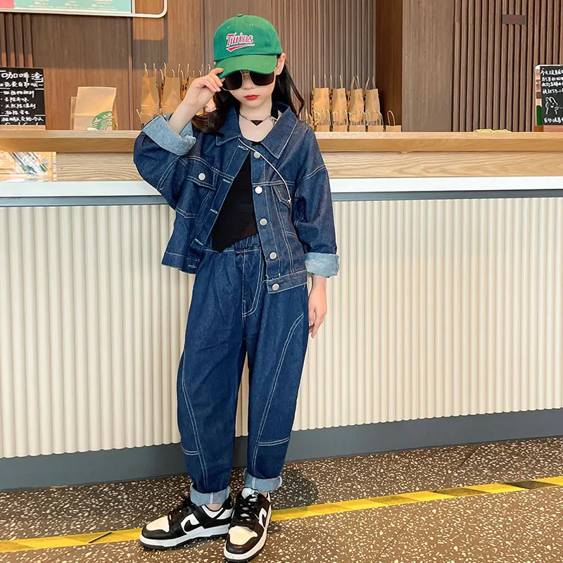 Girls Two-piece Outfits Kids Clothing Button Front Denim Jacket ...