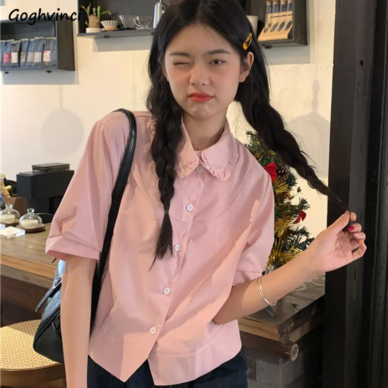 여성용 피터팬 칼라 러플 셔츠 카와이 학생 시크한 단색 루즈한 한국 패션 프레피 스타일 올매치 스트리트웨어 여름