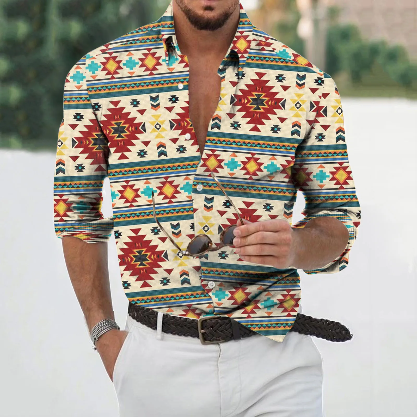 Aztec-Ethnic-Printed-Men-Shirt-Shirts-Retro-Vintage-Streetwear-Long ...