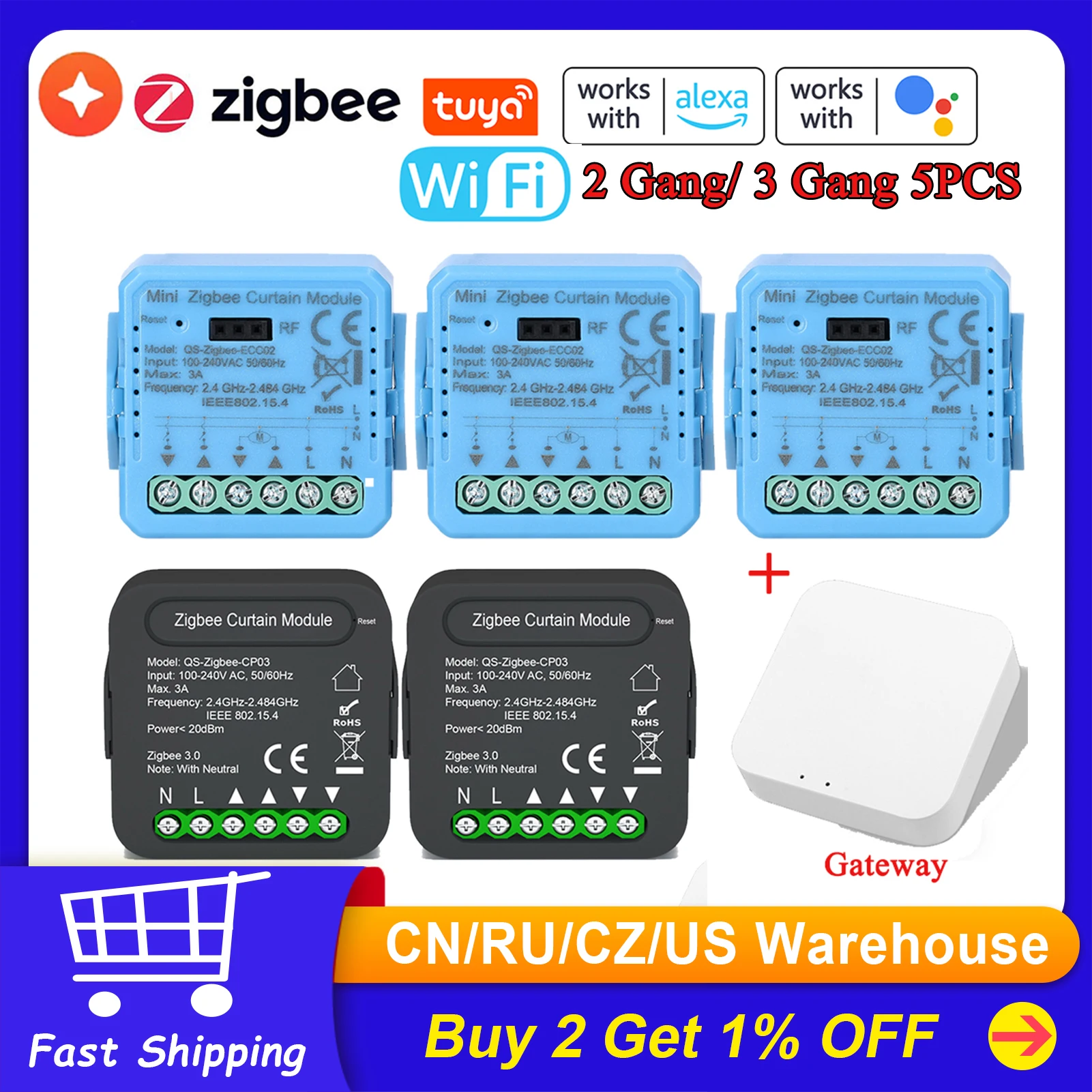 QS ZigBee/WiFi ECC02 CP03 Tuya ZigBee Curtain Module Home Intelligent ...