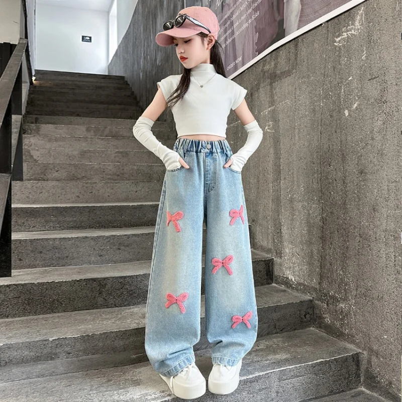 Girls' Denim Pants with Embroidered Bows, Wide-leg Pants for Middle ...