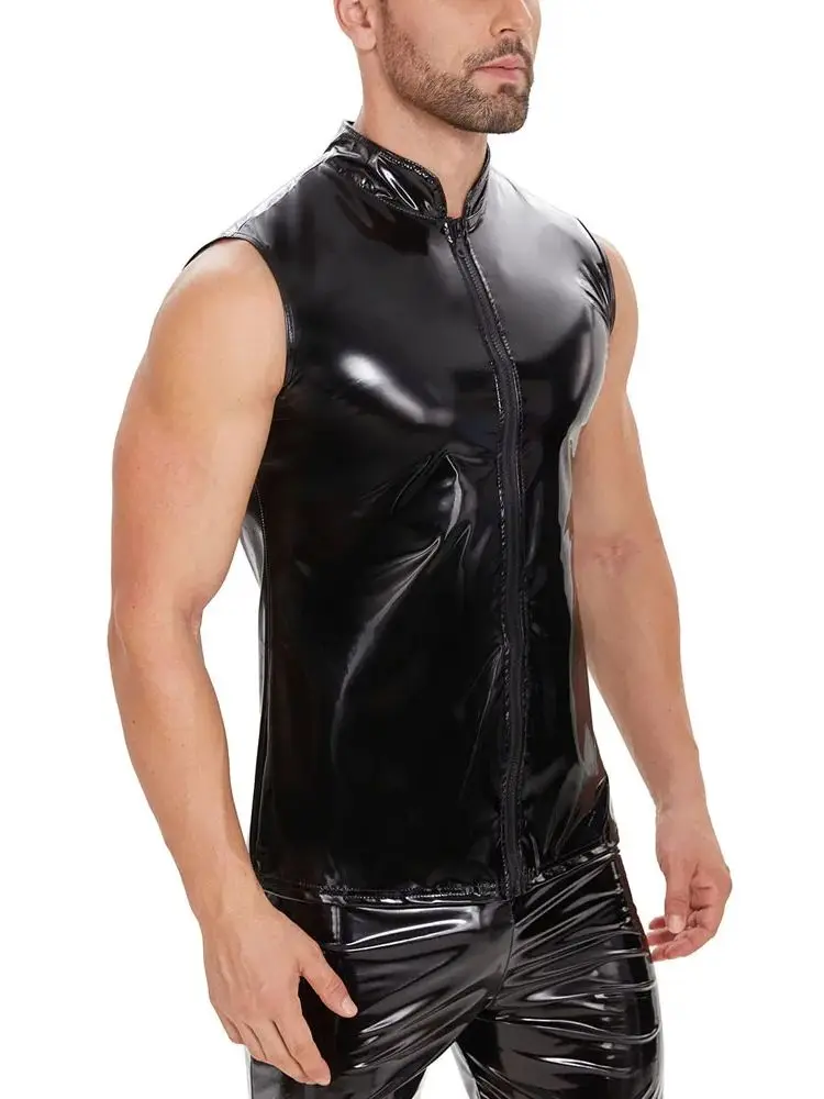 S-7XL Wet Look PVC Tank Top Shiny PU Leather Sleeveless Muscle Shirt ...
