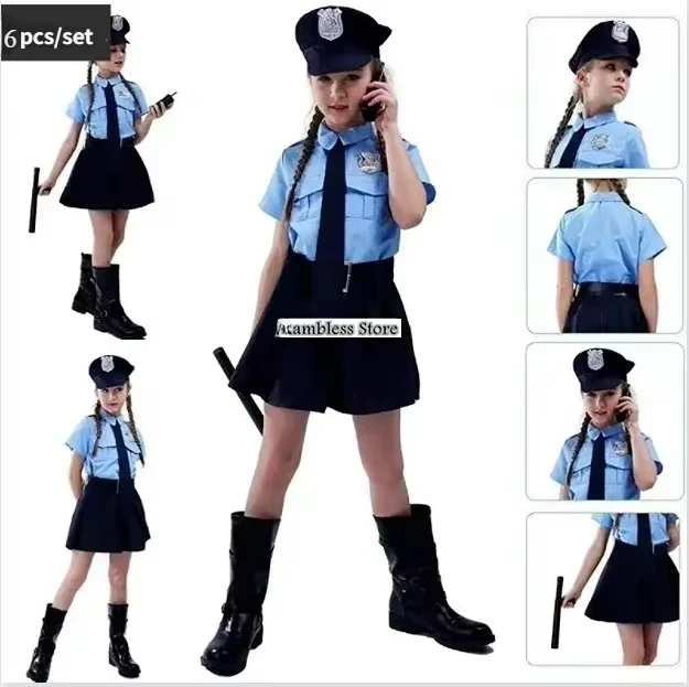 6pcs/set Kids Girls Cop Police Officer Cosplay Uniforms for Halloween ...