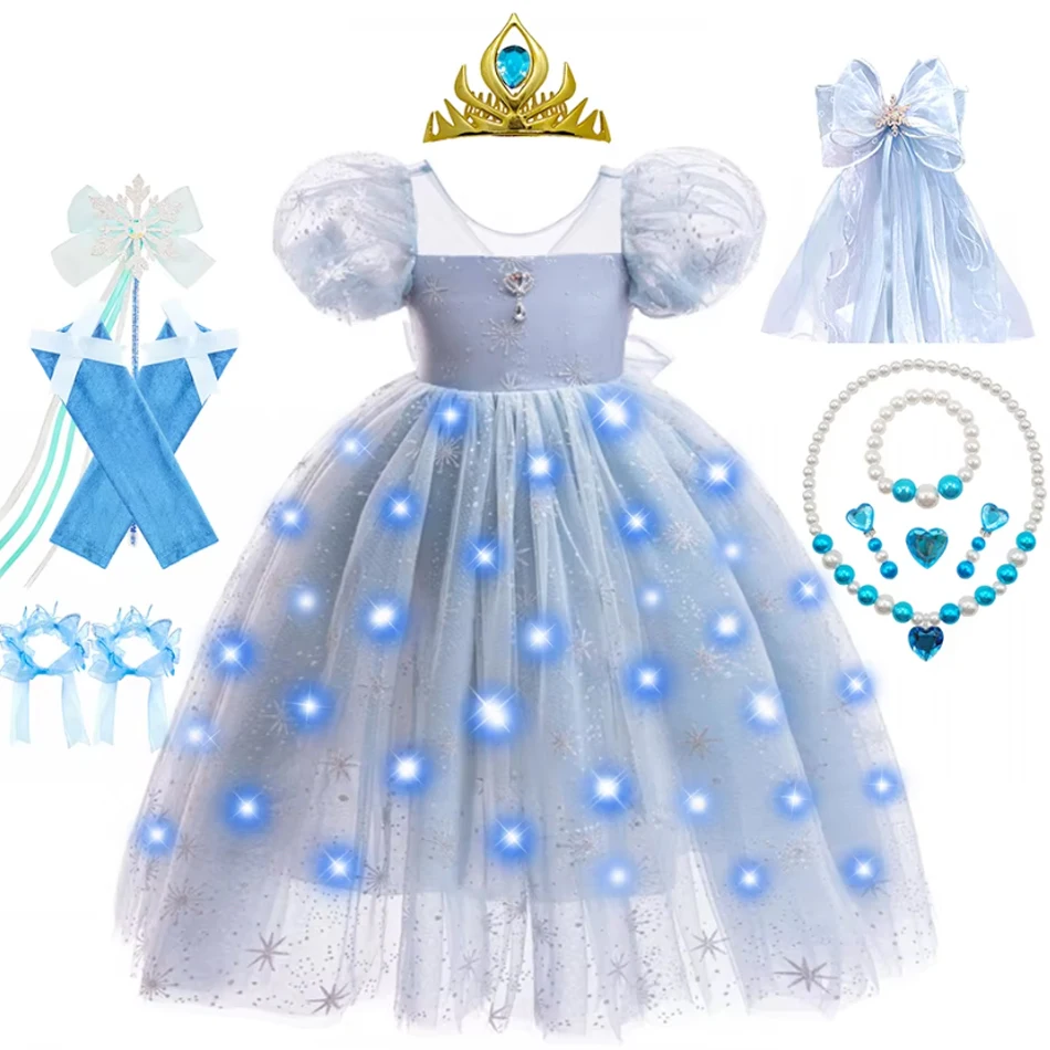 Elsa Girls Princess Dress Snowflake Bowknot Cosplay Snow Queen Costume ...