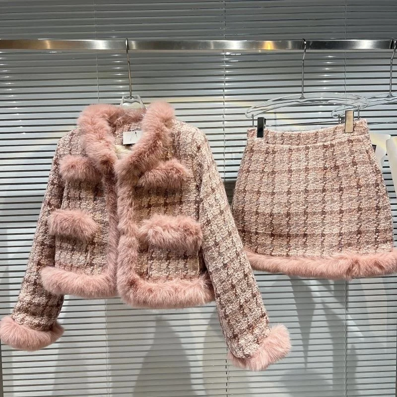 PREPOMP-Winter-Long-Sleeve-Fur-Collar-V-Neck-Pink-Plaid-Tweed-Coat ...