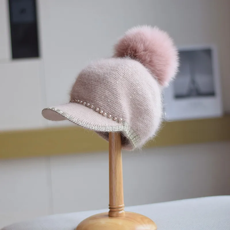 Angora-Cap-Hat-Pompom-Women-Winter-Knit-Autumn-Warm-Double-Layers-With ...