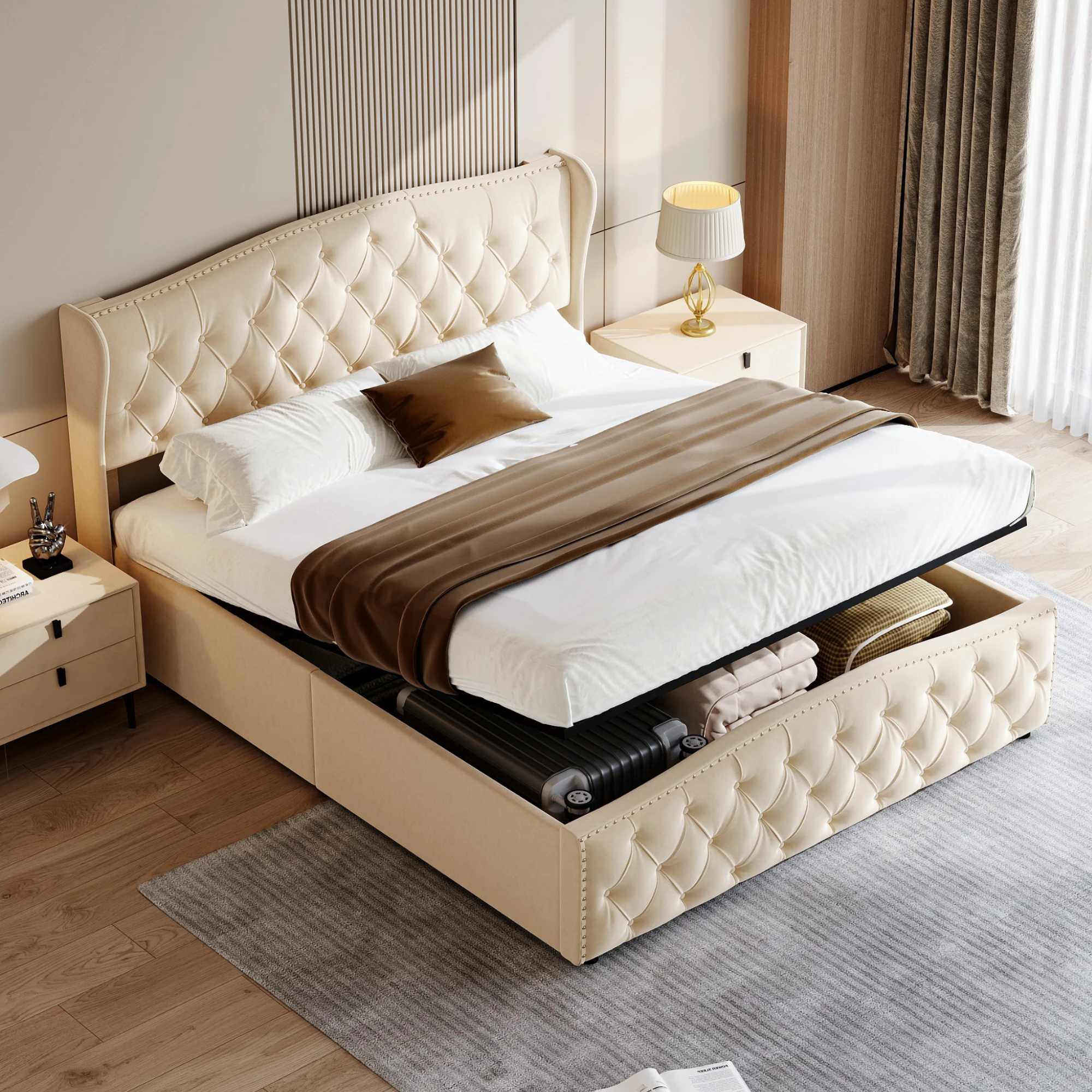 Flannel-Upholstered-Bed-140-160x200cm-With-Double-Row-Ear-shaped-Rivets ...