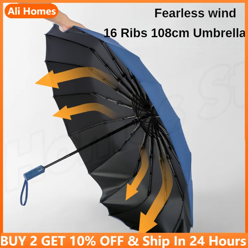 16 Ribs Large Umbrella Strong Fully Automatic Sunshade Rain Umbrella ...