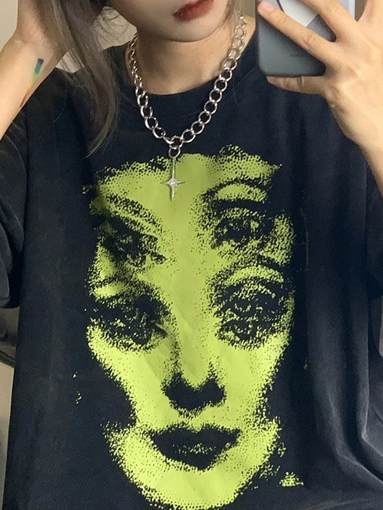 HOUZHOU Hippie Emo Graphic T Shirts Women Grunge Gothic Oversize Black ...