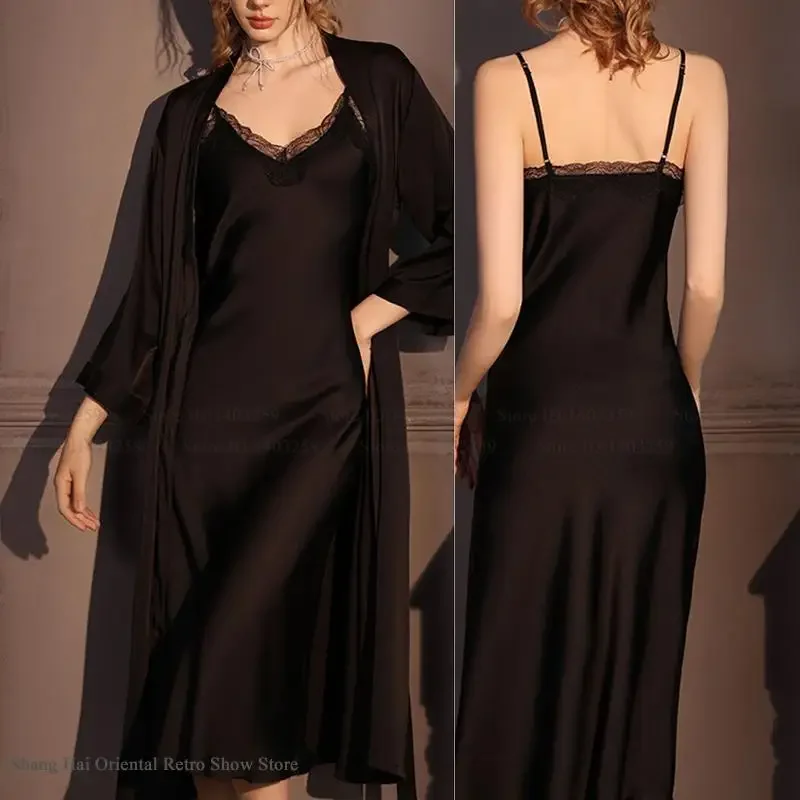 Female Long Twinset Robe Set Black Silk Satin Suspender Nightgown ...