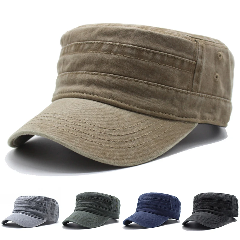 Fashion-Washed-Cotton-Flat-Top-Military-Cap-Adjustable-Outdoor-Sun-Caps ...