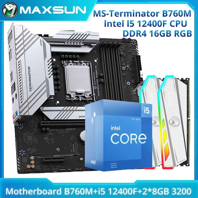 MAXSUN-Conjunto de Placa Mãe com CPU, B760M D4, Intel i5, 12400F, 2,5 GHz, 6-Core, 12-Thread ...