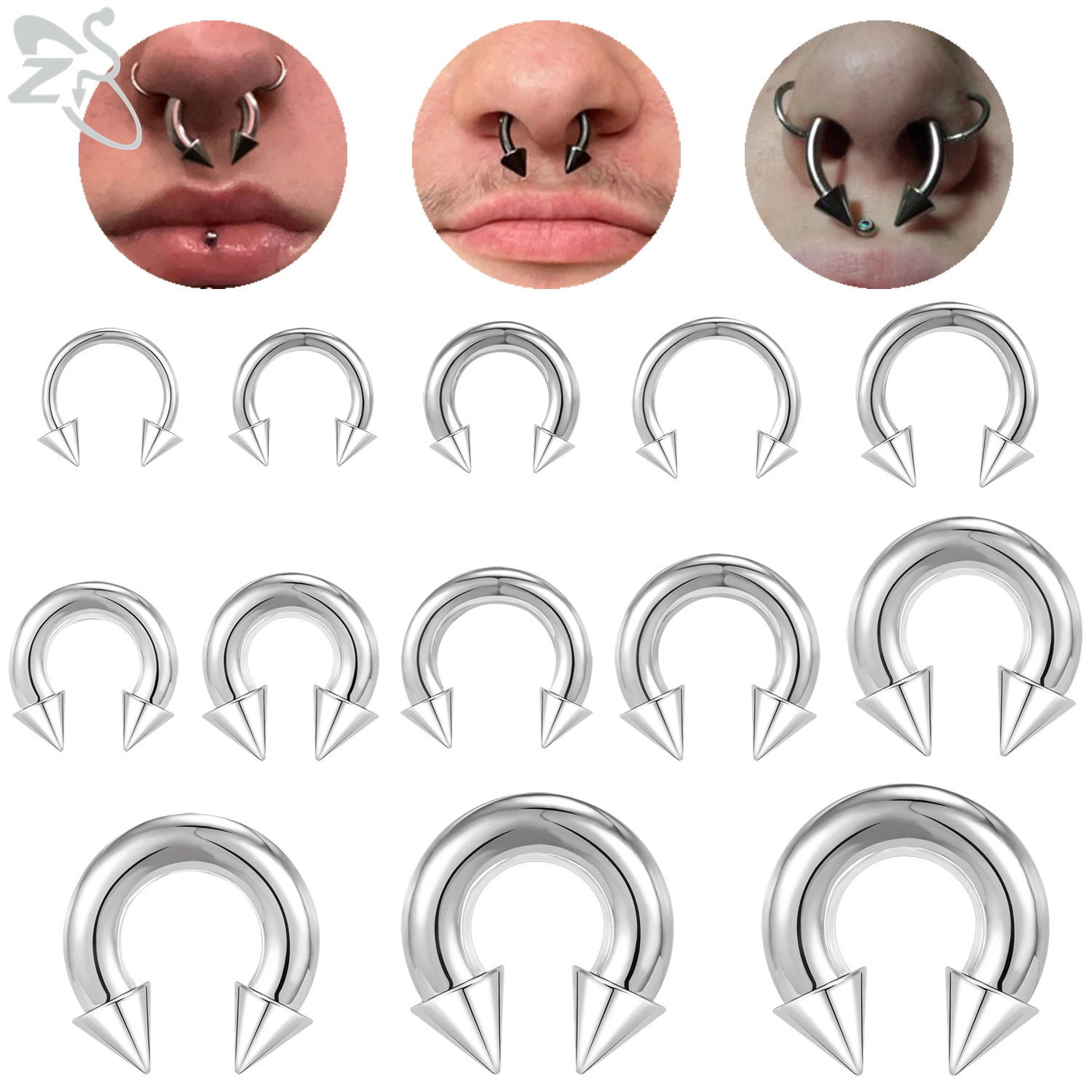 ZS 1 Piece 00/0/2/4/6/8G Spike Stainelss Steel Nose Ring Punk Large ...