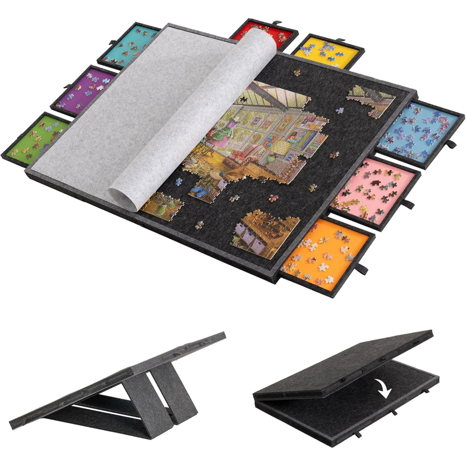 7-piece felt puzzle storage tray, 6-in-1 puzzle table with 6 drawers ...