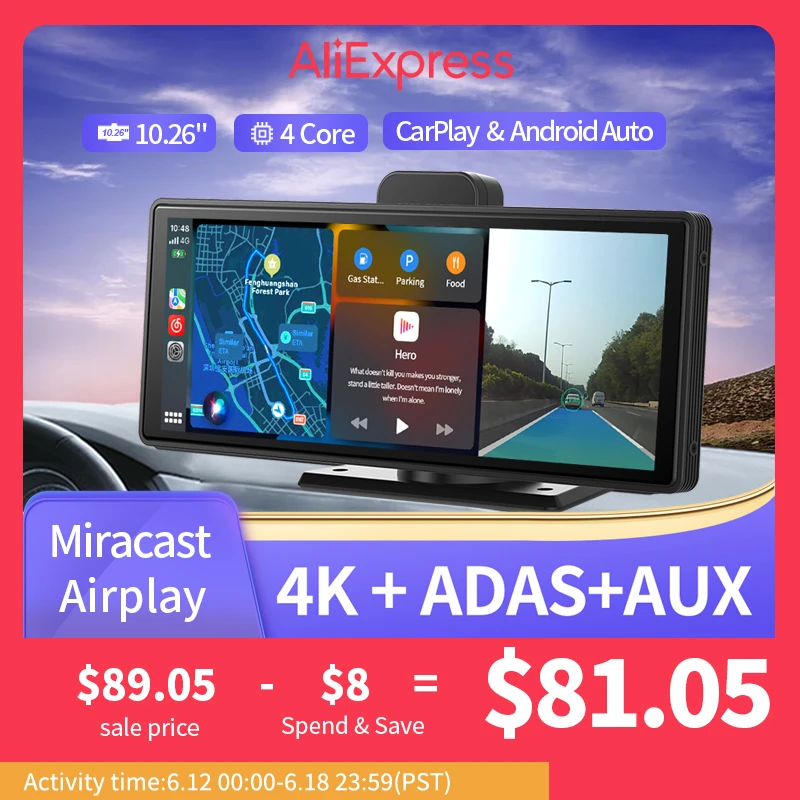 10.26 "4K Dash Cam ADAS Wireless CarPlay Android Auto Car DVR 5G WiFi ...
