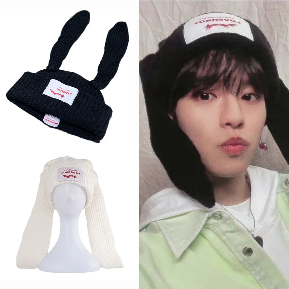 Gorro de punto con orejas de conejo KPOP Stray Kids SeungMin, gorro maníaco, gorro de lana ...