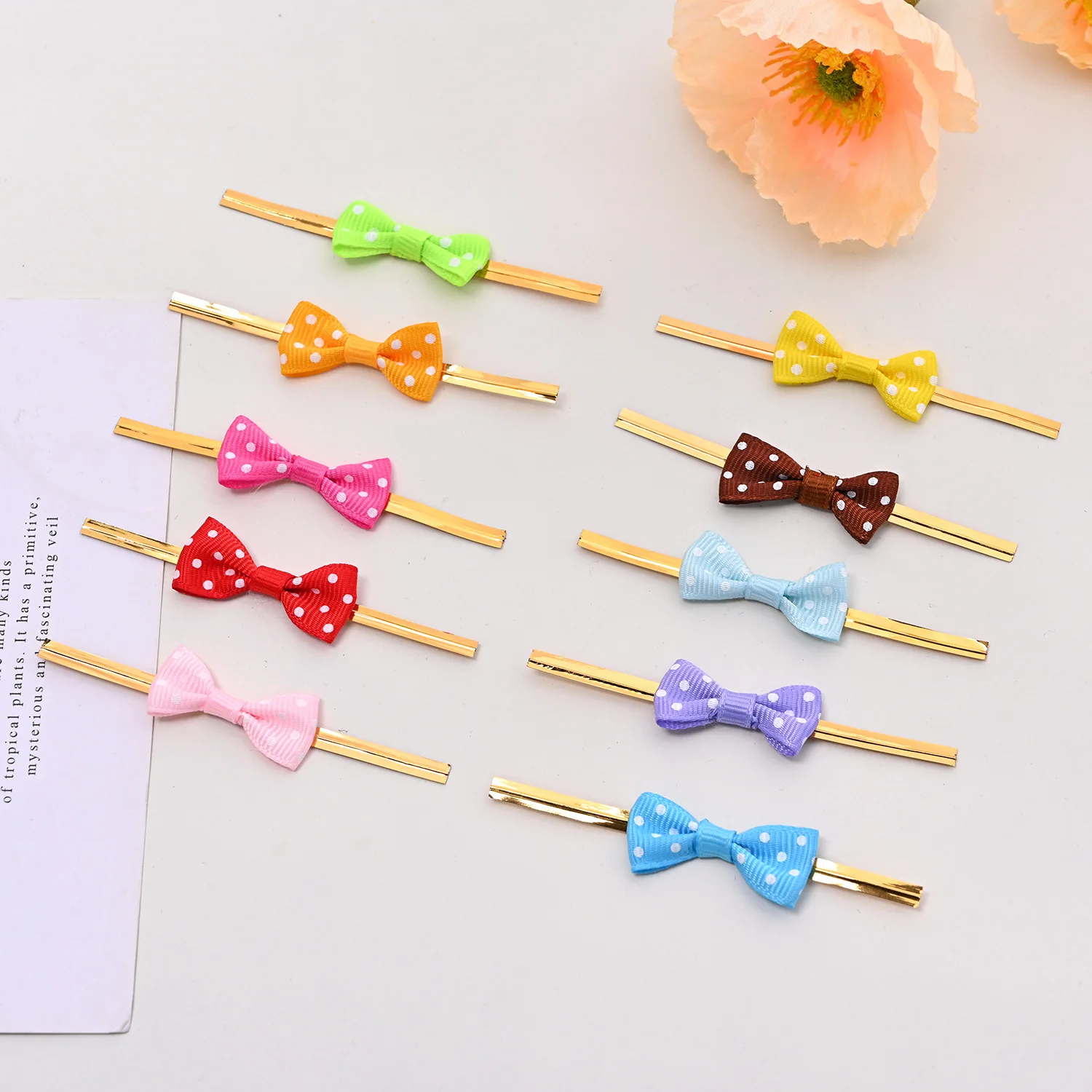 50Pcs/Lot Polka-dot Grosgrain Bow Tie Wrapping Golded Binding Wire Bow ...